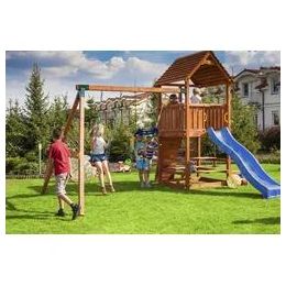 Spielturm Fungoo "JOY Move+ Step On Free Time", braun (blau), Spielt&uuml;rme, KinderB:375cm H:305cm T:435cm, Holz, Metall, Polyethylen, mit Schaukel & Rutsche, B:375cm H:305cm T:435cm