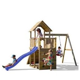 Spielturm Fungoo "CAROL 3", braun (blau), Spielt&uuml;rme, KinderB:310cm H:282cm T:460cm, Holz, Metall, Polyethylen, mit Schaukel & Rutsche, Klettererweiterung, B:310cm H:282cm T:460cm