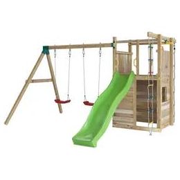 Spielturm Fungoo "HOUSER, mit Rutsche, Schaukeln, Piratenrad und Haus mit Fenster", beige (natur), Spielt&uuml;rme, KinderB:343cm H:220cm T:363cm, Holz, Made in Europe, B:343cm H:220cm T:363cm