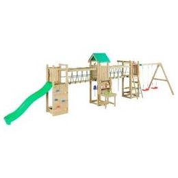 Spielturm FUNGOO "Maxi Funny Space Longer, mit Rutsche, Doppelschaukel, Kletterwand", beige (natur), Spielt&uuml;rme, KinderB:938cm H:257cm T:211cm, Holz, Picknicktisch; Made in Europe, B:938cm H:257cm T:211cm