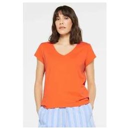 V-Shirt SENSES.THE LABEL, Damen, Gr. M, iconic orange, Single Jersey, Material: 100% Baumwolle, Strukturmuster, regular fit kurz, V-Ausschnitt, eingesetzt gerader Abschluss, Shirts, aus Baumwolle