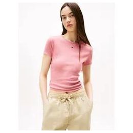 Tommy Hilfiger Kurzarmshirt TOMMY JEANS "TJW ESSENTIAL RIB SHORT SLEEVE EXT", Damen, Gr. S (36), tahiti berry, Single Jersey, Obermaterial: 95% Baumwolle, 5% Elasthan, unifarben, slim fit h&uuml;ftlang, Rundhals, abgesteppte Kante, Shirts, Baumwollmischung in gerippter Struktur, Slim Fit