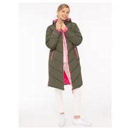 Steppmantel Zwillingsherz "Happy Vibes", Damen, Gr. XXL, gr&uuml;n (khaki), Canvas, Obermaterial: 100% Polyester, kontrastfarbene Details, unifarben, weit knielang, ohne Ausschnitt, angesetztes B&uuml;ndchen kontrastfarben, M&auml;ntel Steppmantel, Print an Kapuze, farbigen Details und Zippern