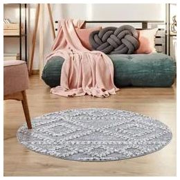Hochflor-Teppich Carpet City "Focus 3022", grau, H:20mm &Oslash;:120cm, Polypropylen, Teppiche, Boho-Teppich, Hochtief-Muster/ 3D-Effekt, f&uuml;r Wohnzimmer, Schlafzimmer