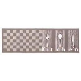 K&uuml;chenl&auml;ufer "KITCHEN, Made in Belgium", braun, B:45cm H:5mm L:145cm, Polyamid, PRIMAFLOR-IDEEN IN TEXTIL, Teppiche, mit Schriftzug & Motiv Besteck, rutschhemmend, waschbar, K&uuml;che