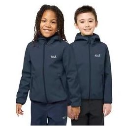 Softshelljacke Jack Wolfskin "FOURWINDS JACKET KIDS", Jungen, Gr. 104, blau (midnight sky), Softshell, Obermaterial: 100% Polyester. Innenseite: 100% Polyester, hoch geschlossener Ausschnitt, eingefasste Kante, Jacken Softshelljacke
