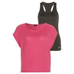 H.I.S. Trainingsshirt H.I.S "2-tlg. Shirt & Top", Damen, Gr. 34, grau (anthrazit, rosa), Obermaterial: 60% Baumwolle, 40% Polyester. Top: 95% Polyester, 5% Elasthan, unifarben, bequem h&uuml;ftlang, Rundhals, Shirts, Kurzarm, bequeme Passform, sportlich, atmungsaktives Material