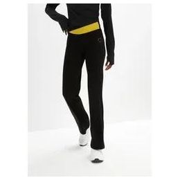 Sporthose bonprix, Damen, Gr. 44/46 (L), N-Gr, schwarz (schwarz, zitronengelb), Jersey, Obermaterial: 95% Baumwolle, 5% Elasthan, unifarben, unifarben mit Farbeinsatz, slim fit lang, Hosen Sporthose, aus Baumwoll-Stretch, Bootcut, Slim fit, Kontrastdetail am Bund