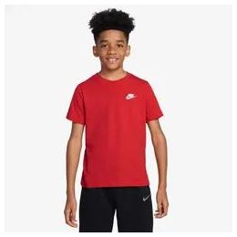 T-Shirt Nike SPORTSWEAR "K NSW TEE EMB FUTURA LBR", M&auml;dchen, Gr. XL (164/170), university rot, angeraute Sweatware, Obermaterial: 100% Baumwolle, normal, angesetztes B&uuml;ndchen, Shirts T-Shirt, f&uuml;r Jugendliche, mit Kapuze, gerader Schnitt, sportlicher Stil