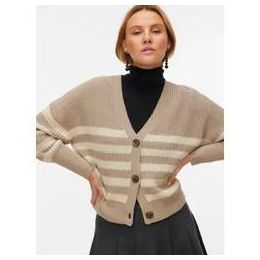 V&eacute;ro Moda Strickjacke VERO MODA "VMLEA LS V-NECK CUFF CARDIGAN NOOS", Damen, Gr. S, moon rock stripes:with silber lining stripes, Strick, Obermaterial: 100% Polyacryl, gestreift, regular fit normal, V-Ausschnitt, Rippb&uuml;ndchen, Strickjacken Strickjacke, Rippstrick
