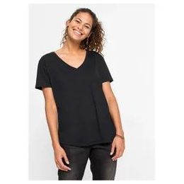 T-Shirt bonprix, Damen, Gr. 40/42 (M), schwarz, Obermaterial: 65% Polyester, 35% Viskose, loose fit, Shirts T-Shirt, lockere Passform, Kurzarm-Design, V-Ausschnitt
