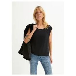 T-Shirt bonprix "Shirt aus Viskose-Mix", Damen, Gr. 44/46 (L), schwarz, Obermaterial: 95% Viskose, 5% Elasthan, figurumspielend, Shirts T-Shirt, mit vorne k&uuml;rzerem Schnitt, Kurzarm-Design, aus Viskose-Mix