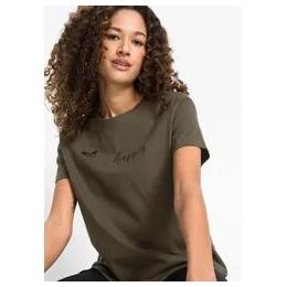 T-Shirt bonprix "T-Shirt aus reiner Baumwolle", Damen, Gr. 40/42 (M), gr&uuml;n (dunkeloliv), Jersey, Obermaterial: 100% Baumwolle, unifarben, bequem h&uuml;ftlang, Rundhals, Shirts T-Shirt, bequeme Passform, Kurzarm, mit Rundhalsausschnitt