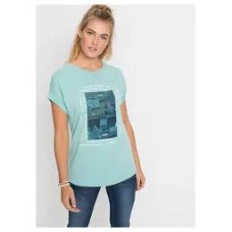 T-Shirt bonprix, Damen, Gr. 44/46 (L), blau (aquapastell), Obermaterial: 50% Baumwolle, 50% Viskose, regular fit, Shirts T-Shirt, Regular Fit, Kurzarm-Design, aus Viskose-Mix