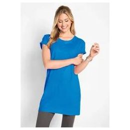 Longshirt bonprix, Damen, Gr. 32/34 (XS), azurblau, Jersey, Obermaterial: 100% Baumwolle, unifarben, bequem ca. Mitte Oberschenkel, Rundhals, mit Umschlag Umschlagsaum, Shirts Longshirt, bequeme Passform, lang, aus reiner Baumwolle