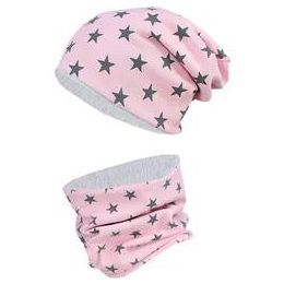 Beanie TUPTAM "M&uuml;tze Unisex Kinder Beanie M&uuml;tze Schlauchschal Set", Jungen, Gr. 54, rosa (sterne graphit, altrosa), Obermaterial: 95% Baumwolle CO. 5% Elasthan EL., M&uuml;tzen Beanie