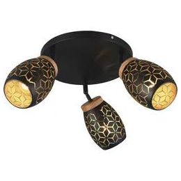 Trio REALITY LEUCHTEN Deckenleuchte "BIDAR, Deckenlampe mit 3 schwenkbaren Spots, exkl 3x E14 max 10W", goldfarben, 3, &Oslash; 58cm H: 27cm, 1 Stk., Leuchten, Metall-Lampenschirm mit Lasercut Muster und Holz-Dekoelement &Oslash; 58cm, Deckenleuchte