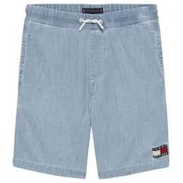 Shorts Tommy Hilfiger "WAVY FLAG HERRINGBONE SHORT", M&auml;dchen, Gr. 8 (128), N-Gr, denim medium, Web, Obermaterial: 100% Baumwolle, unifarben, relaxed fit kniefrei, Hosen Shorts, Kinder bis 16 Jahre, relaxed fit