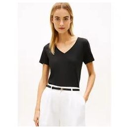 Kurzarmshirt Tommy Hilfiger "CO LINEN V-NECK SHORT SLEEVE TEE", Damen, Gr. XS (34), schwarz, Single Jersey, Obermaterial: 50% Baumwolle, 50% Leinen, unifarben, regular fit normal, V-Ausschnitt, abgesteppte Kante, Shirts, mit V-Ausschnitt, Regular Fit