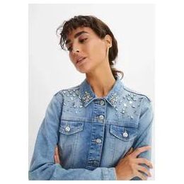 Jeansjacke bonprix, Damen, Gr. 54, blau denim, Denim/Jeans, Obermaterial: 98% Baumwolle, 2% Elasthan, Abriebeffekte, unifarben, klassisch h&uuml;ftlang, 1-Knopf-Manschette, Jacken Jeansjacke, in klassischer Form und mit hochwertigen Glitzersteinen