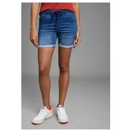 Jeansshorts Arizona, Damen, Gr. 50, N-Gr, dunkelblau used, Denim/Jeans, Obermaterial: 59% Baumwolle, 40% Polyester, 1% Elasthan, unifarben, figurbetont kurz, Jeans Jeansshorts, figurnah, normale Leibh&ouml;he, mit Bindeb&auml;ndern am Bund