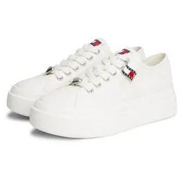 Tommy Hilfiger Plateausneaker TOMMY JEANS "TJW FLATFORM SNEAKER CHARMS", Herren, Gr. 35, ecru, Baumwolle, unifarben, Schuhe Plateausneaker, Halbschuh, Schn&uuml;rer, Freizeischuh mit kleiner TJ-Flagge als Anh&auml;nger