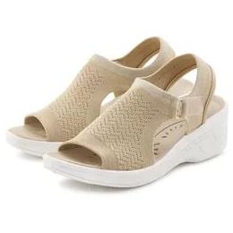 Sandalette Vivance "Sandale, Sommerschuh, offener Schuh", Damen, Gr. 42, beige, Obermaterial: 100% Textilmaterial. Decksohle: 100% Synthetik. Futter: 100% Textilmaterial. Laufsohle: 100% Synthetik, leicht durchscheinend, unifarben, Basic, Schuhe Sandalette, mit Keilabsatz und Klettverschluss VEGAN