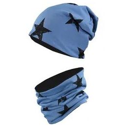 Beanie TUPTAM "M&uuml;tze Unisex Kinder Beanie M&uuml;tze Schlauchschal Set", Jungen, Gr. 50, blau (sterne schwarz, jeans), Obermaterial: 95% Baumwolle CO. 5% Elasthan EL., M&uuml;tzen Beanie