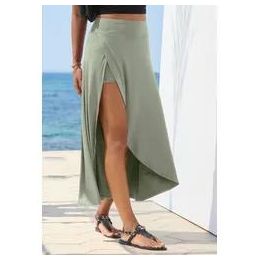 Maxirock Lascana, Damen, Gr. 46, helles khaki, Jersey, Obermaterial: 95% Viskose, 5% Elasthan, unifarben, figurumspielend kn&ouml;chellang, R&ouml;cke Maxirock, mit integrierter Shorts und kleiner Tasche, Strandrock, Sommerrock