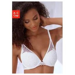 Push-up-BH Lascana "Maria", Damen, Gr. 90, Cup C, wei&szlig; (uni wei&szlig;), Netz, Obermaterial: 66% Polyamid, 32% Polyester, 2% Elasthan, BHs Push-up-BH, mit bunten Blumen aus Stickereispitze, im High-Apex Design, Dessous