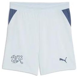 Sporthose Puma "Schweiz 2026 Shorts Jugendliche", M&auml;dchen, Gr. 140, Normalgr&ouml;&szlig;en, sea glass schwarz indigo blau, Obermaterial: 100% Polyester. Besatz: 12% Elasthan, 88% Polyester. Einsatz: 100% Polyester, bedruckt, regular fit, Hosen Sporthose