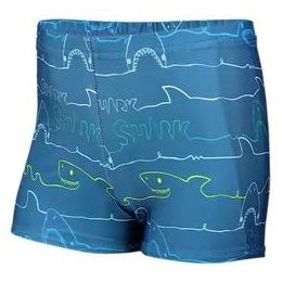 Badehose AQUARTI "Badehose Jungen Badehose Gestreift mit Motiven", Kinder, Gr. 146, N-Gr, blau (haie, jeans), Obermaterial: 80% Polyester PES. 20% Elasthan EL., Badehosen Badehose