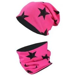 Beanie TUPTAM "M&uuml;tze Unisex Kinder Beanie M&uuml;tze Schlauchschal Set", Jungen, Gr. 54, pink (sterne schwarz, pink), Obermaterial: 95% Baumwolle CO. 5% Elasthan EL., M&uuml;tzen Beanie