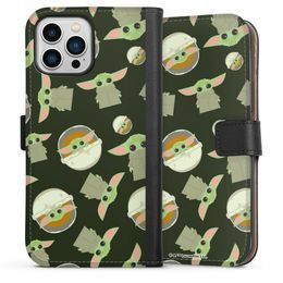 DeinDesign iPhone 13 Pro Max Handy Klapph&uuml;lle Handyh&uuml;lle aus Kunst Leder schwarz Flip Case Official Licensed Product Star Wars Muster Baby Yoda Sideflip mit 