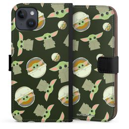 DeinDesign iPhone 14 Plus Handy Klapph&uuml;lle Handyh&uuml;lle aus Kunst Leder schwarz Flip Case Official Licensed Product Star Wars Muster Baby Yoda Sideflip mit langer 