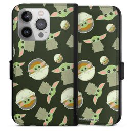 DeinDesign iPhone 14 Pro Handy Klapph&uuml;lle Handyh&uuml;lle aus Kunst Leder schwarz Flip Case Official Licensed Product Star Wars Muster Baby Yoda Sideflip mit langer 