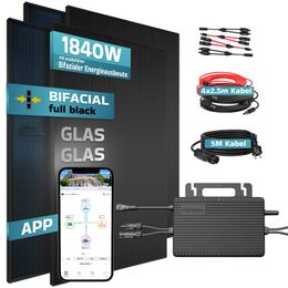 SUNNIVA&reg; 1840W Balkonkraftwerk BIFAZIAL FULLBLACK komplett Steckdose VAYSUNIC VM800WE-BE-P2 800W Wechselrichter, PV Solaranlage Komplettset,4x460W Glas-Glas Bifacial Solarmodule, 5m + 4x2,5m Kabelset