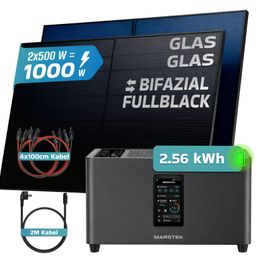SUNNIVA&reg; 1000W Balkonkraftwerk mit 2,56 kWh Speicher MARSTEK Jupiter C + Plus, BIFAZIAL FULLBLACK komplett Steckdose, PV Solaranlage Komplettset mit Solarspeicher, 2x 500W N-Type Glas Bifacial PV