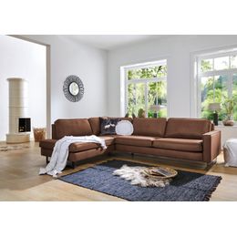 Ecksofa Home Affaire "Pinto, 290 cm, Cord, Chenille, Lederoptik, Ottomane links / rechts", braun, B:290cm H:85cm T:217cm, Luxus-Microfaser in Lederoptik (100% Polyester);Cord (92% Polyester, 8% Polyamide), Sofas, Ecksofa, mit Keder, schwarze Metallf&uuml;&szlig;e, Wellenunterfederung