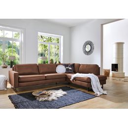 Ecksofa Home Affaire "Pinto, 290 cm, Cord, Chenille, Lederoptik, Ottomane links / rechts", braun, B:290cm H:85cm T:217cm, Luxus-Microfaser in Lederoptik (100% Polyester);Cord (92% Polyester, 8% Polyamide), Sofas, Ecksofa, mit Keder, schwarze Metallf&uuml;&szlig;e, Wellenunterfederung