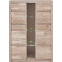 Highboard OTTO HOME "Silkeborg Fronten & Leisten aus Massivholz, Kospus aus Melamin", braun (eiche wei&szlig; gekalkt teilmassiv), Holzwerkstoff eichefarben wei&szlig; gekalkt (Korpsu) / Massivholz Eiche wei&szlig; gekalkt (Front), Holz teilmassiv, Sideboards, Highboard, B/T/H: 90/35/125cm, 6 Melamin & 3 Glas einlegeboden die variabel sind.