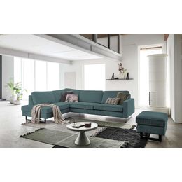 Ecksofa Home Affaire "Pinto, 290 cm, Cord, Chenille, Lederoptik, Ottomane links / rechts", blau (azur), B:290cm H:85cm T:217cm, 92% Polyester, 8% Nylon, Sofas, Ecksofa, mit Keder, schwarze Metallf&uuml;&szlig;e, Wellenunterfederung