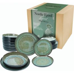 Teller-Set Creatable "Nordic Fjord", gr&uuml;n, 18 Stk., Steinzeug, Geschirr-Sets, je 6 Speiseteller 26 cm, Suppenteller 22,5 cm, Dessertteller 19,5 cm