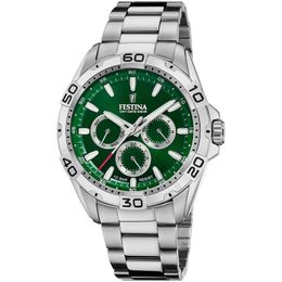 Multifunktionsuhr Festina, silber (silberfarben, gr&uuml;n, silberfarben), Armbanduhren, Herren, Armbanduhr, Quarzuhr, Herrenuhr, Edelstahlarmband,bis 10bar wasserd.