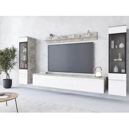 Wohnwand Home Affaire "VERA II", beige (beton smart, wei&szlig; hochglanz), B:260cm H:130cm T:33cm, Kastenm&ouml;bel-Sets, Wohnwand, Mediawand 260 cm, Vitrine mit Verglasung, stehend und h&auml;ngend