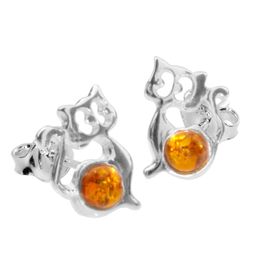 Paar Ohrstecker OSTSEE-SCHMUCK "- Katze - Silber 925/000 - Bernstein" Gr. 12, silber (silber 925, silberfarben, wei&szlig;), Ohrringe, Damen, Silber 925 (Sterlingsilber)