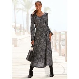 Maxikleid Lascana, Damen, Gr. 34, N-Gr, schwarz-wei&szlig; (schwarz, creme, grau bedruckt), Jersey, Obermaterial: 100% Viskose, Paisley, bedruckt, figurumspielend kn&ouml;chelfrei, V-Ausschnitt, elastischer Bund, Kleider Maxikleid, mit Smok-Einsatz in der Taille