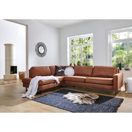 Ecksofa Home Affaire "Pinto, 290 cm, Cord, Chenille, Lederoptik, Ottomane links / rechts", braun (cognac), B:290cm H:85cm T:217cm, Luxus-Microfaser in Lederoptik (100% Polyester);Cord (92% Polyester, 8% Polyamide), Sofas, Ecksofa, mit Keder, schwarze Metallf&uuml;&szlig;e, Wellenunterfederung