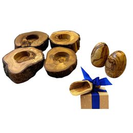 Eierbecher OLIVENHOLZ-ERLEBEN "Rustikal", braun, B:12cm H:4cm &Oslash;:12cm, Massivholz, Eierbecher, Olivenholzscheiben als Eierbecher mit Ei-f&ouml;rmigen Streuern