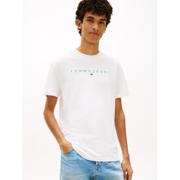 T-Shirt Tommy Jeans "TJM REG LINEAR LOGO TEE EXT", Herren, Gr. L, ecru, bahama gr&uuml;n, Single Jersey, Obermaterial: 100% Baumwolle, bestickt, unifarben, regular fit normal, Rundhals, abgesteppte Kante, Shirts T-Shirt, Rundhals, Regular Fit